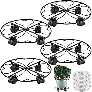 4 Packs Metal Plant Caddy with Wheels 12” Heavy-Duty Wrought Iron Rolling Plant Stands with Casters Indoor and Outdoor Plant Pot Roller Base Plant Movers Saucers with Wheels, Glossy Black