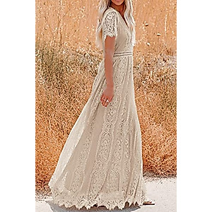 PRETTYGARDEN Women's Floral Lace Maxi Dress 2023 Short Sleeve V Neck Bridesmaid Wedding Evening Party Dresses (Apricot,Medium)