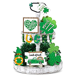 12 Pieces St. Patrick's Day Tiered Tray Decor Wooden Shamrock Decorations Table Wooden Gnome Heart Irish Sign Farmhouse Natural Wood Sign for Home Kitchen Bar Decoration
