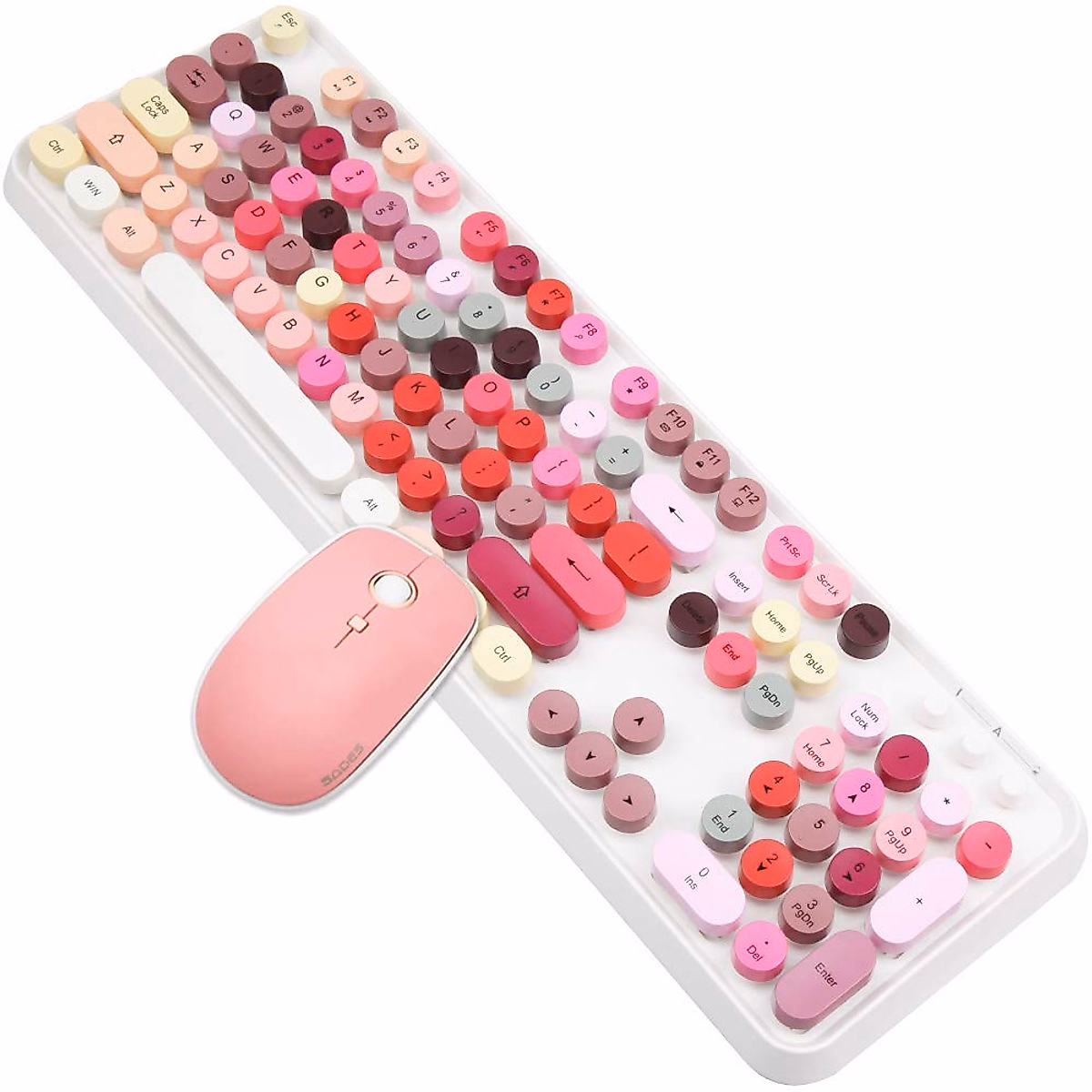 SADES V2020 White Colorful Wireless Keyboard with Round Keycaps,2.4GHz Dropout-Free Connection,Long Battery Life,Cute Wireless Moues for PC/Laptop/Mac