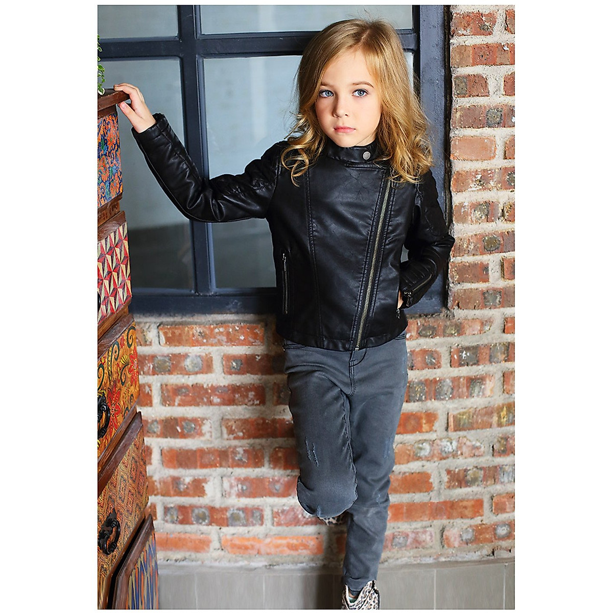 LJYH Girls Faux Leather Quilted Motorcycle Jackets Kids Spring Biker Coats Black 3/4yrs