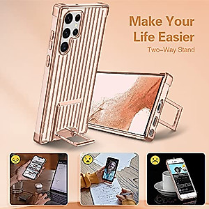 PTUONIU for Samsung Galaxy S22 Ultra Case, Luxury Electroplate Edge Bumper Case Wristband Kickstand Rugged Cover with Fashion Designs for Women Girls,Protective Phone Case for S22 Ultra Rose Gold