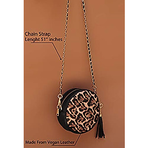 Women Round Cross Body Bag Tassel Circle Purse Chain Shoulder Handbag Clutch Wristlet (Leopard)