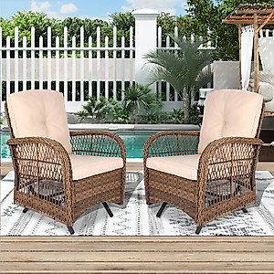 VIVIJASON 2-Piece Outdoor Wicker Glider Rocking Chair, Patio Rattan Swing Glider Chairs with Cushions & Steel Frame, All-Weather Gliding Lawn Wicker Furniture for Garden Backyard Porch