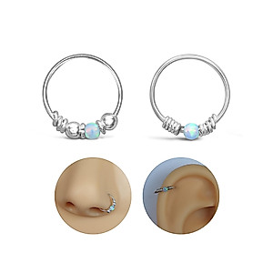 Handmade Silver 2Pcs 9MM Nose Ring Cartilage Helix Piercing Hoops with 2mm Blue Opal, 925 Sterling Silver Tiny 9MM Thin 22Gauge Hoop for women, by MiYa Jewelry