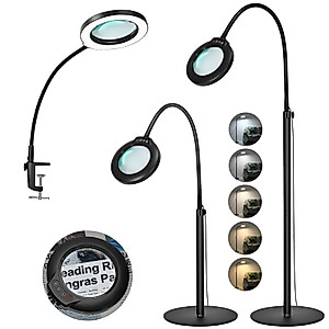 Veemagni 5X Stand Magnifying Glass with Light, 24" Flexible Gooseneck 5 Color Modes Stepless Dimmable Magnifying Floor Lamp, 3-in-1 Adjustable Lighted Magnifier Hands Free for Close Work, Esthetican