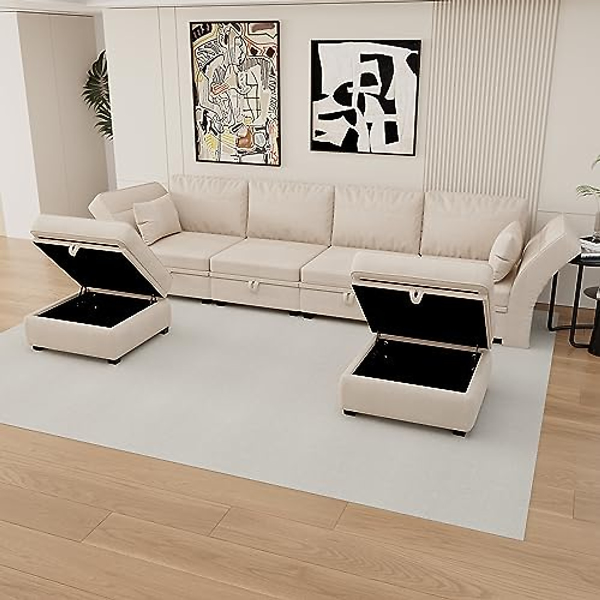 kevinplus 110" Modular Sectional Sofa Couch for Living Room, Modern Contemporary 4-Seat U-Shape Sofa Couch with Storage Seat & Reversible Ottoman for Apartment Office, Linen Fabric, Beige