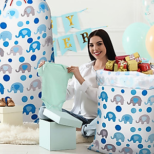 2 Pcs 70 Inches Jumbo Gift Bag Baby Shower Bags Large Oversized Plastic Gift Bags Large Gift Bag Extra Large Baby Shower Bags with Ropes for Parents Party Baby Shower Favors (Blue Elephant Polka Dot)