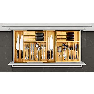 Bamboo Silverware Drawer Organizer with Knife Block Set