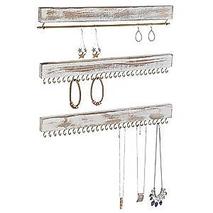MyGift 3 Piece Hanging Jewelry Rack for Wall, Whitewashed Wood Jewelry Organizer with Brass Metal Hooks and Rod for Holding Earrings, Bracelets, and Necklaces