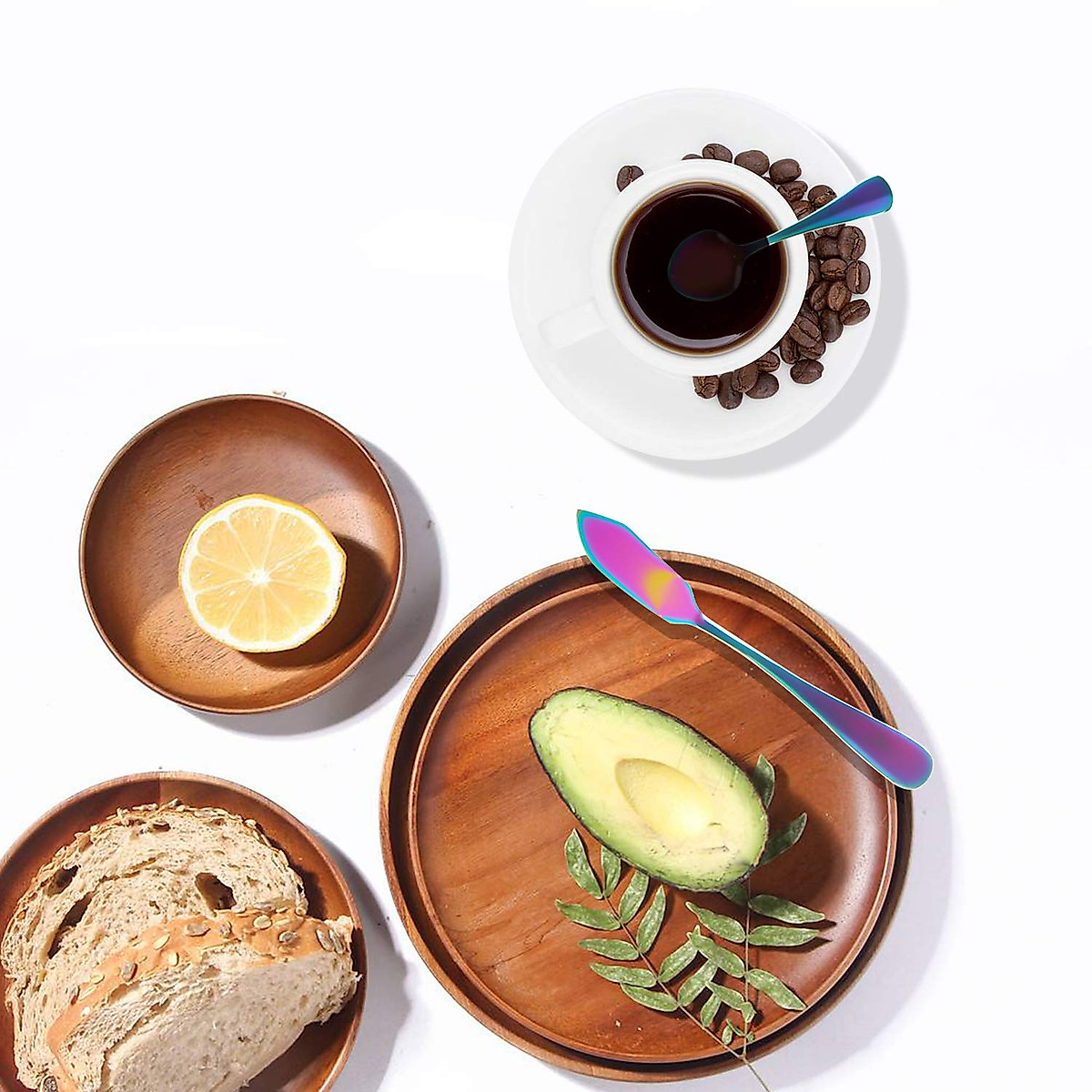 loopki Stainless Steel Flatware Serving Set, Rainbow Silverware Includes Coffee Spoon, Cake Fork, Butter Knife, Cake Server