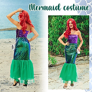 Toulite 8 Pcs Halloween Mermaid Costume for Women Sequin Top Skirt Wig Shell Bag Jewelry Set for Mermaid Cosplay(X-Large)