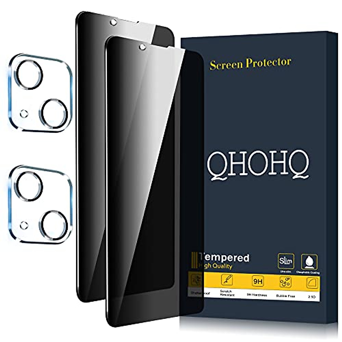 QHOHQ 2 Pack Privacy Screen Protector for iPhone 13 6.1" with 2 Packs Camera Lens Protector, Full Screen Tempered Glass Film,9H Hardness Scratch Resistant, Anti Spy, Easy Install - Case Friendly