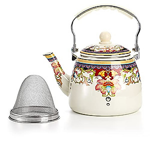 Yarlung 3.3L Enamel Tea Kettle with Tea Infuser, Vintage Floral Teakettle for Stovetop, Colorful Enamel on Steel Teapot with Handle for Hot Water, No Whistling