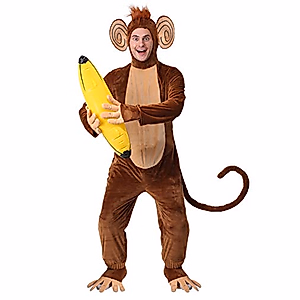 Adult Plus Size Funky Monkey Costume | Jumpsuit with Attached Hood with Ears & Bendable Tail, Foot Covers and Gloves 3X Brown
