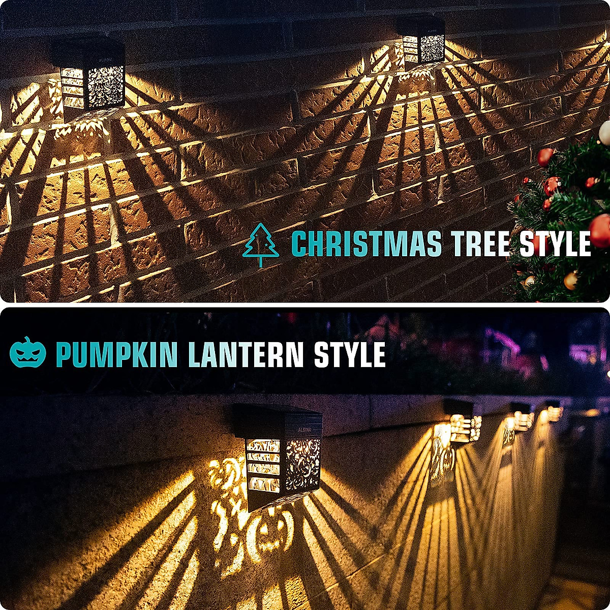 ALBINA Solar Deck Lights | Solar Fence Lights Outdoor Waterproof LED Garden Decorative Lights for Railing, Post, Step, Frontdoor | Auto ON/Off Outdoor Solar Lights with Christmas Tree Lamps, 4 Pack