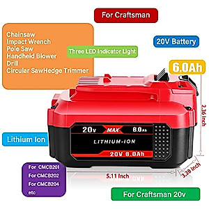 Jialipok 20V 6.0Ah CMCB205 Replacement Battery for Craftsman 20V Max Lithium Ion Battery CMCB204 CMCB204-2 CMCB202-2 CMCB201 CMCB206 CMCS500B CMCD700C Fast Charger CMCB104 Craftsman V20 Battery