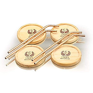 (Gift Set) Pure Copper Hammered Mugs with Copper Straws & Wooden Coasters Set of 4 - PREMIUM QUALITY -16 Oz Copper Cups - 100% Handcrafted - A Gift Pack for your loved Ones