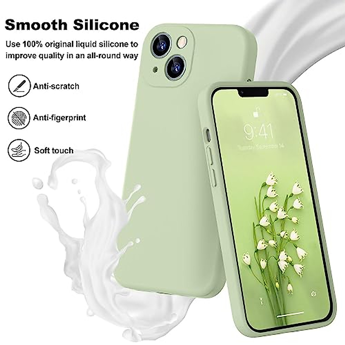 Ktele Compatible with iPhone 13 Case 6.1 inch Premium Liquid Silicone [Soft Microfiber Lining Anti-Scratch] Gel Rubber Full-Body Bumper Protection Camera Protect Case-Matcha