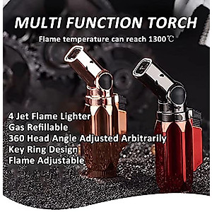 Butane Torch, Refillable Kitchen Cooking Blow Torch, 4 Jet Flame Lighter, Professional Adjustable Flame Mini Torch Lighter for Desserts, Soldering, BBQ and Baking (Butane Gas Not Included)