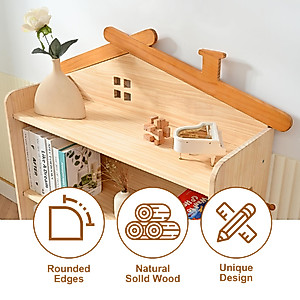 OLLIKIVI Kid Bookshelf & Toy Storage Organizer, Wooden 4 Tier Montessori Bookshelf with 4 Hooks for Kids, Toddler Book Display Shelf Baby Bookcase for Nursery Classroom Playroom