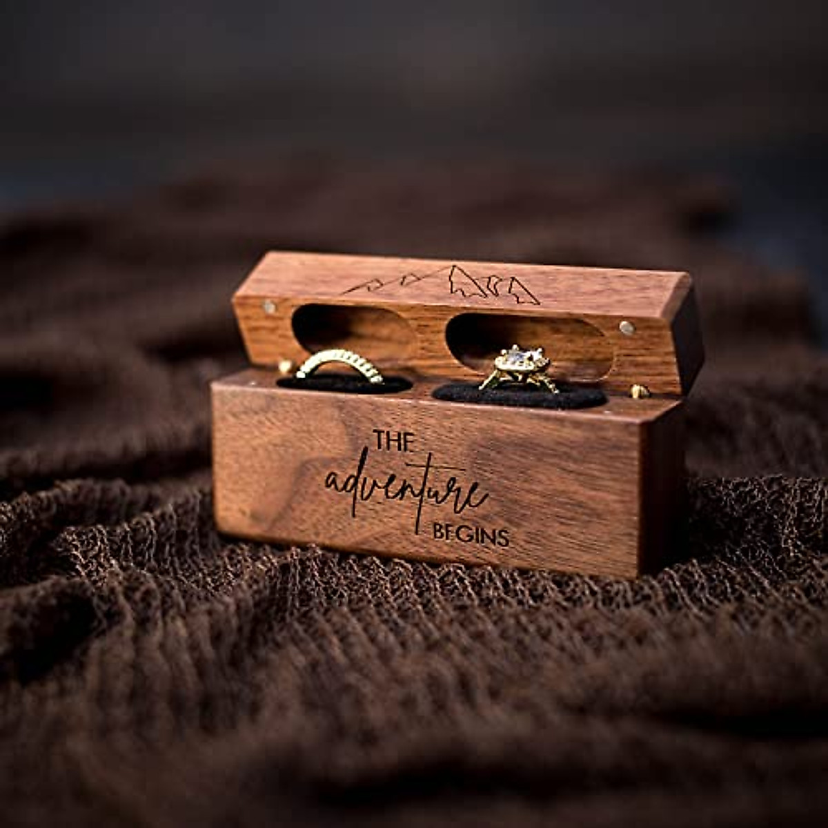 MUUJEE The Adventure Begins Double Ring Box - Engraved Slim Wooden Ring Case Box for Wedding Ceremony Engagement Proposal Ring Bearer Box - Anniversary Birthday Gift Ideas