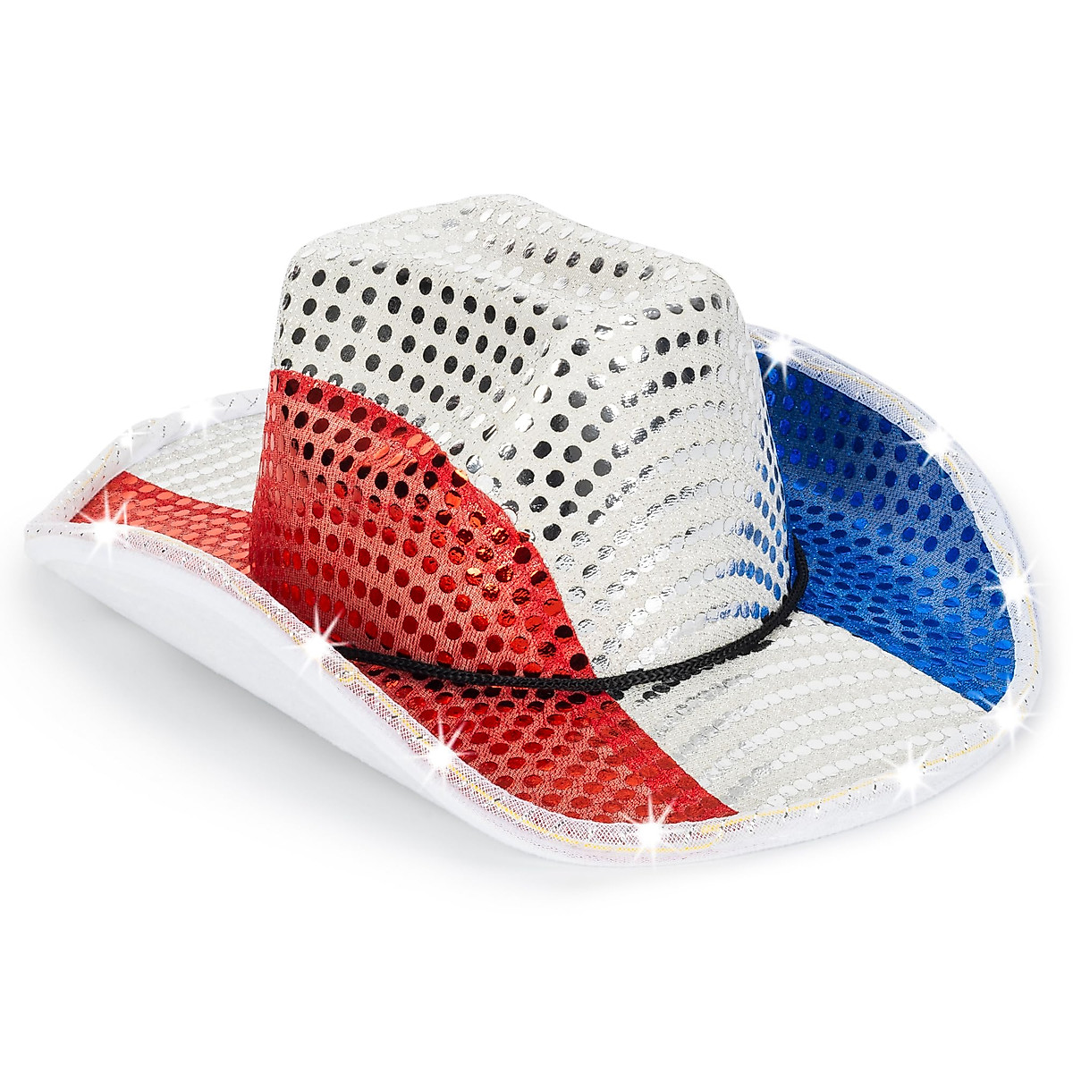 Sparkly US-Flag Western Cowboy Hat - 4th of July Red White Blue Sequin Cowgirl Hat for Independence Day Party