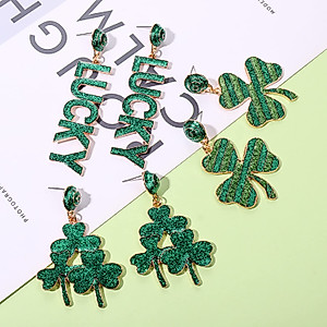 Vogueknock St Patricks Day Earrings Glitter Green Leaf Lucky Earrings for Women Sparky Shamrock Clover Drop Dangle Earrings Irish Holiday Party Jewelry Gifts (Green Lucky Shamrock)