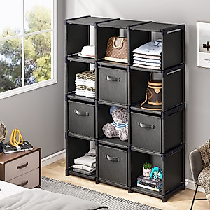 Tribesigns 12 Cubes Storage Organizer DIY Storage Shelves Stackable Open Bookshelf with 4 Cube Storage Bins with Handle Organizer 10.5" x 10.5" for Closet Rack Cabinet Bedroom Livingroom, Black