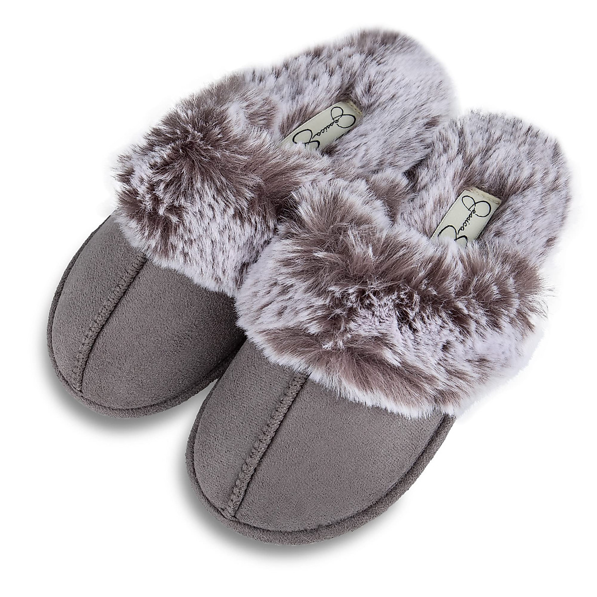 Jessica Simpson Girls Comfy Slippers - Cute Faux Fur Slip-On Shoes Memory Foam House Slipper, Grey, X-Large Little Kid