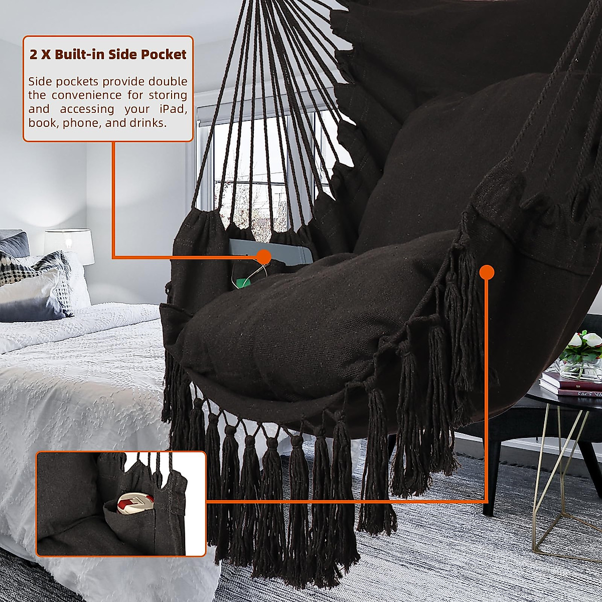 Ciouper Hammock Chair Hanging Rope Swing with Stylish Tassels - Max 500 Lbs - 2 Cushions Included - Heavy-Duty Steel Spreader Bar with Anti-Slip Rings - for Any Indoor or Outdoor Spaces (Grey)