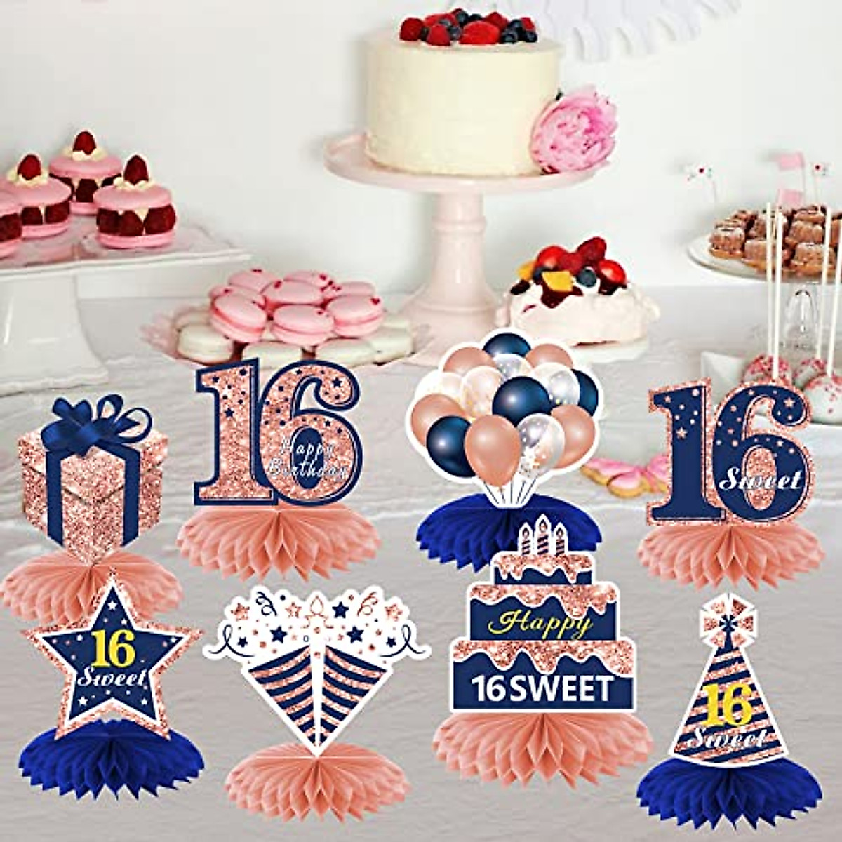 Rose Gold Navy Blue 16th Birthday Decorations Table Centerpieces for Women Girls, 8Pcs Happy 16 Birthday Honeycomb Centerpiece Party Supplies, Sweet 16 Birthday Table Toppers Sign Decor
