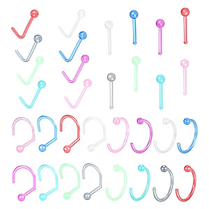 Oveta 32PCS Clear Nose Rings Studs for Work 20G Nose Piercing Retainer, Colorful Plastic Nose Stud L Shaped Bone Screw Nostril