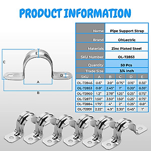 OhLectric 2 Hole 3/4 Inch Pipe Strap - Reinforced Rib for Extra Strength - Zinc-Plated Steel Pipe Strap Clamp for EMT Conduit - Snap-On Installation - Pack of 50; OL-72853