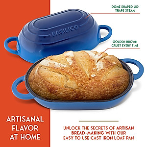 Enameled Cast Iron Bread Oven (Blue), Non-Stick Single Loaf Cast Iron Bread Pan with Lid, Easy Homemade Sourdough Dutch Oven with Lid, Oven-Safe Artisan Bread Baking Pan, Cast Iron Loaf Pan with Lid
