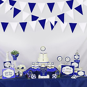 32Ft Royal Blue White Party Decorations Triangle Flag Pennant Bunting Fabric Garland for Wedding Birthday Ahoy Achor Nautical Pirate Bridal Baby Shower Under The Sea Party Festivals Decoration