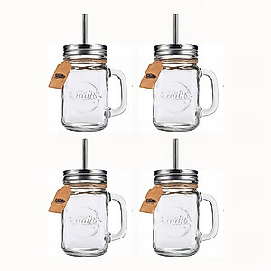 Smith's Mason Jars 16oz/473ml 4-pc Glass Cups with lid, straw and Handles - Smoothie glasses - Good for Milkshake, Juices, Ice Coffee Ideal for Picnics DIY Drinks and Outdoor Activity