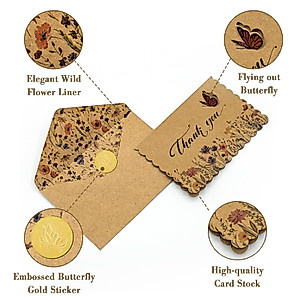 AZAZA Floral Thank You Cards with Envelopes 24 PK, Wedding Thank You Cards Unique Floral Design, 4x6 Wildflower Thank You Notes for Baby Shower, Bridal Shower, Sympathy (Kraft Butterfly)