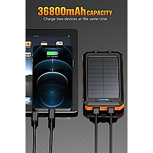 Feeke Solar-Charger-Power-Bank - 36800mAh Portable Charger,QC3.0 Fast Charger Dual USB Port Built-in Led Flashlight and Compass for All Cell Phone and Electronic Devices(Orange)
