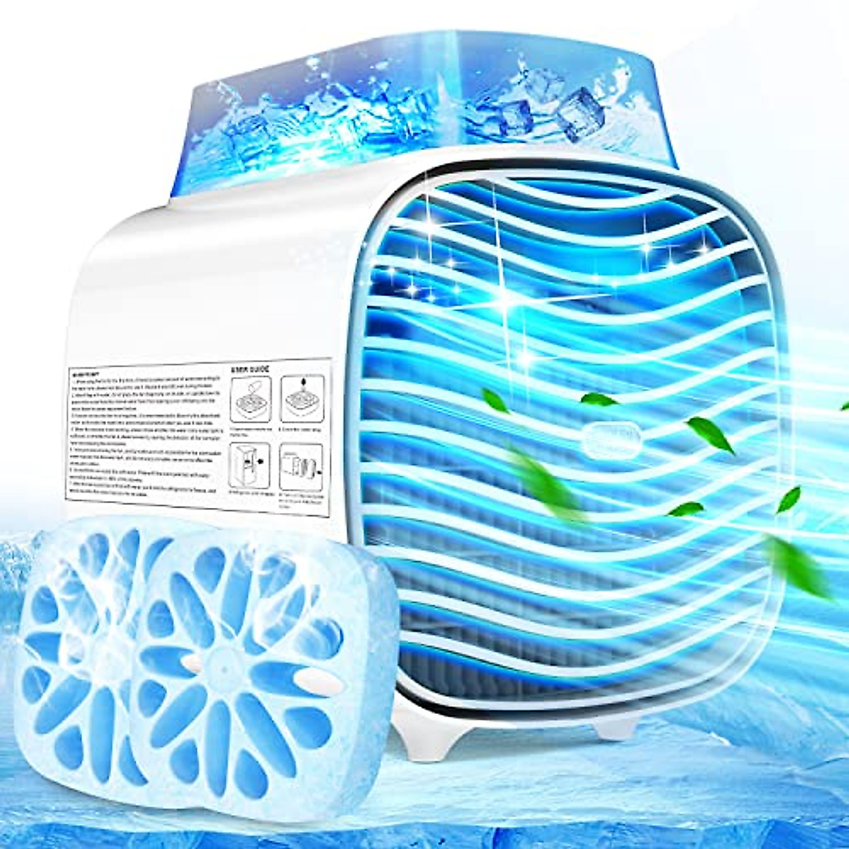 2022 Portable Air Conditioner, USB Rechargeable 3 Speeds Personal Evaporative Air Cooler Cooling Desktop Humidifier Fan with Blue Atmosphere Light for Room/Office/Desk/Nightstand/Camping (Style 04)