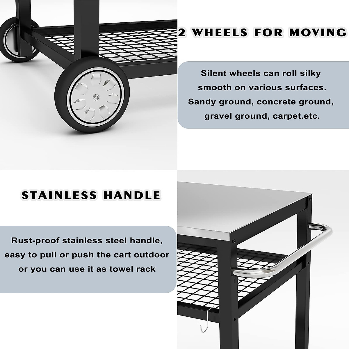 Movable Food Prep and Work Cart Table Stainless Steel Grill Cart Modular Table with Wheels and Handle Double-Shelf Commercial Kitchen Table Heavy Duty Grill Cart Outdoor Cart