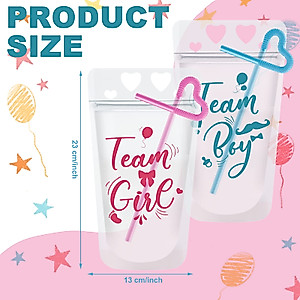 36 Pcs Gender Reveal Drink Pouch Cups with Straws Plastic Stand up Drink Pouch Bags Hand Held Translucent Reclosable Zipper Juice Pouches Team Boy Team Girl Gender Reveal Party, Pink and Blue, 17 oz