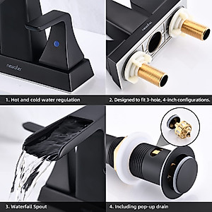 NEWATER 2-Handle Waterfall Brass Bathroom Sink Faucet 4-Inch Centerset 2-3Hole RV Modern Bath Vanity Faucets Mixer Tap Deck Mounted with Metal Pop Up Drain & Supply Lines，Matte Black