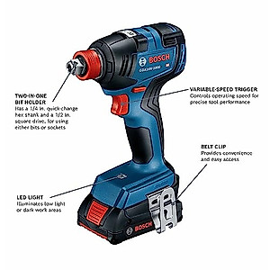 BOSCH GXL18V-233B25 18V 2-Tool Combo Kit with 1/2 In. Hammer Drill/Driver, Two-In-One 1/4 In. and 1/2 In. Bit/Socket Impact Driver/Wrench and (2) CORE18V® 4 Ah Advanced Power Batteries