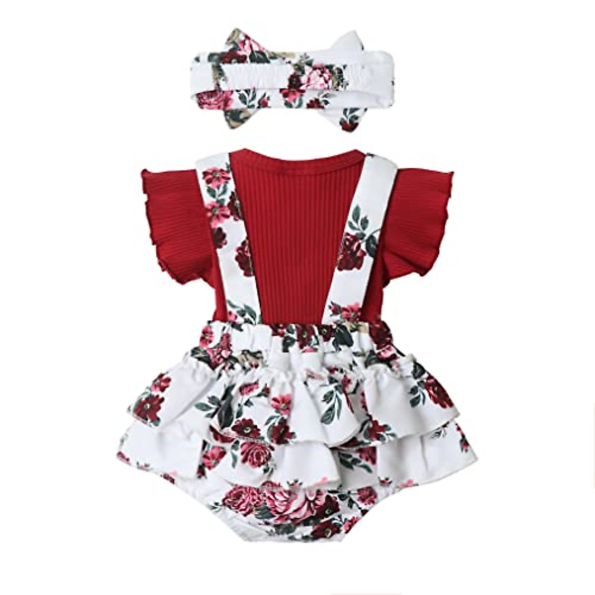 Newborn Baby Girl Clothes Summer Infant Romper Outfit Short Sleeve Suspender Dress Clothing with Headband Wine Red 3-6 Months