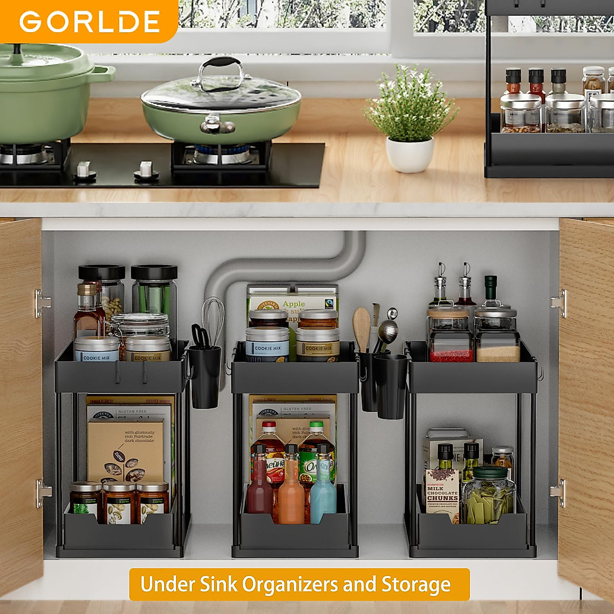 GORLDE Under Sink Organizers and Storage,2 Tier undersink organizers with Pull Out Sliding Drawers,Multi-purpose Bathroom Kitchen Under Cabinet Organizer with Hooks Hanging Cup,Black