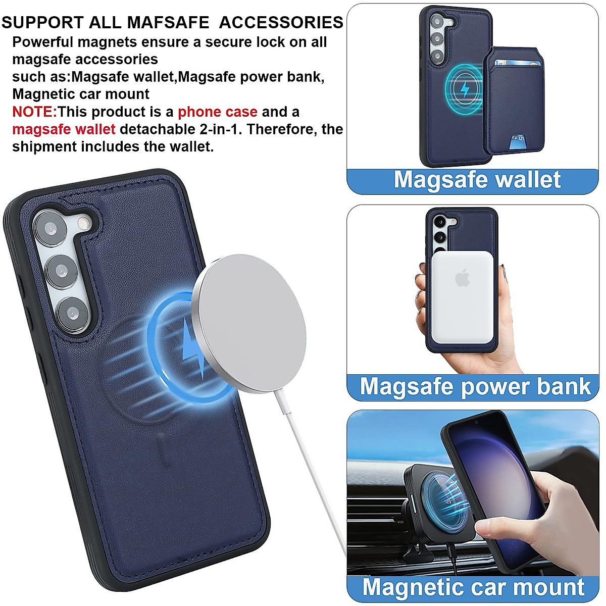 Ｈａｖａｙａ for Samsung Galaxy S23 Plus case Magsafe Compatible Galaxy S23 Plus case with Card Holder for Men and Women Samsung S23+ Plus Detachable Magnetic Wallet Phone case-Blue