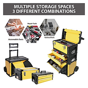 BIG RED Stackable Rolling Tool Box Portable Metal Toolbox Organizer with Wheels and 2 Drawers Separate Rolling Upright Trolley Tool Chest for Garage or Workshop,Yellow,ATRJF-C305ABDY