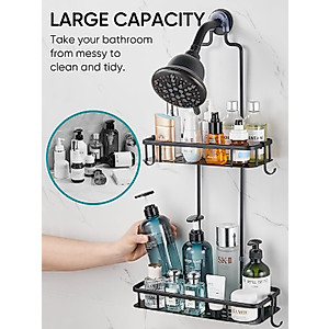Cobbe Anti-Swing Shower Caddy Hanging with 4 Hooks for Towels/Sponge, No Drilling Bathroom Organizers and Storage Racks for Bathroom, Dorm and RV, Never Rust Aluminum, Large - Black