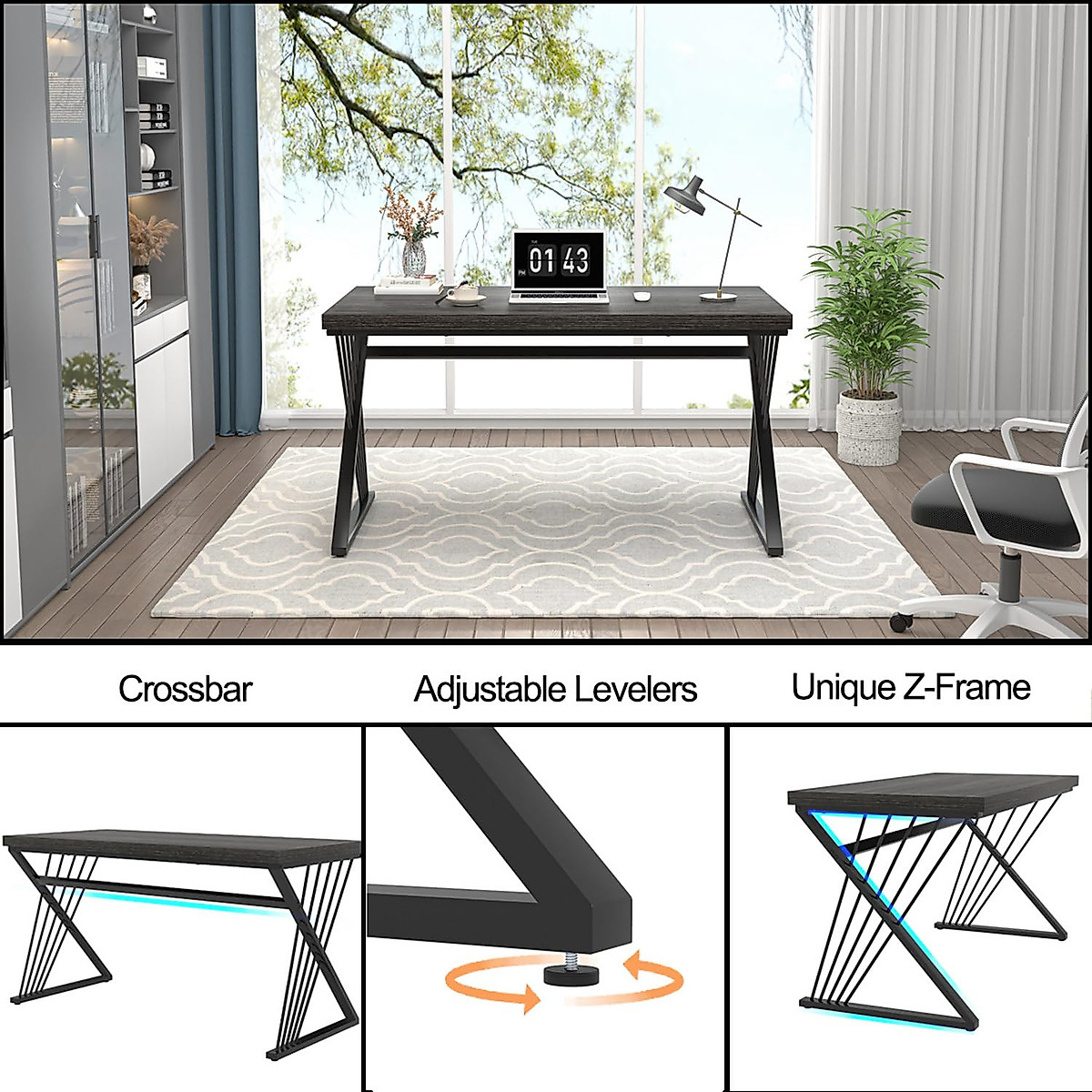 FOLUBAN Modern Home Office Desk, Rustic Wood and Metal Computer Desk, Writing Study Gaming Table PC Desks for Living Room Bedroom, Industrial Dark Gray, 53 inch